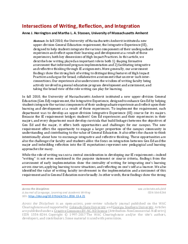 (PDF) Intersections of Writing, Reflection, and Integration | Martha L ...