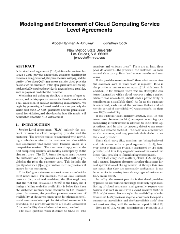 (PDF) Modeling and Enforcement of Cloud Computing Service Level Agreements