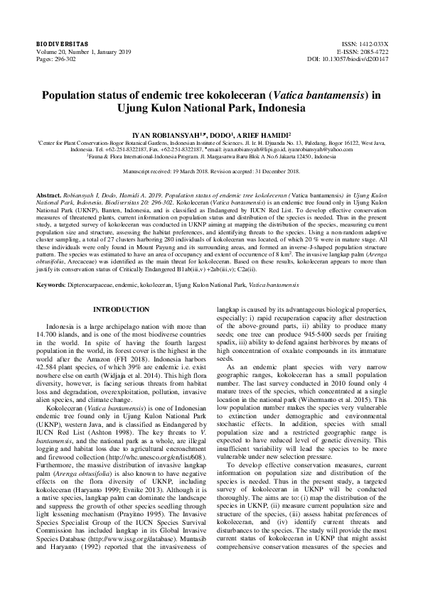 (PDF) Population status of endemic tree kokoleceran (Vatica bantamensis ...
