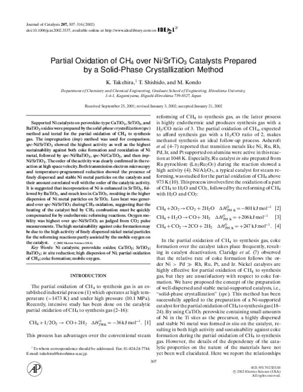 (PDF) Partial Oxidation of CH4 over Ni/SrTiO3 Catalysts Prepared by a ...