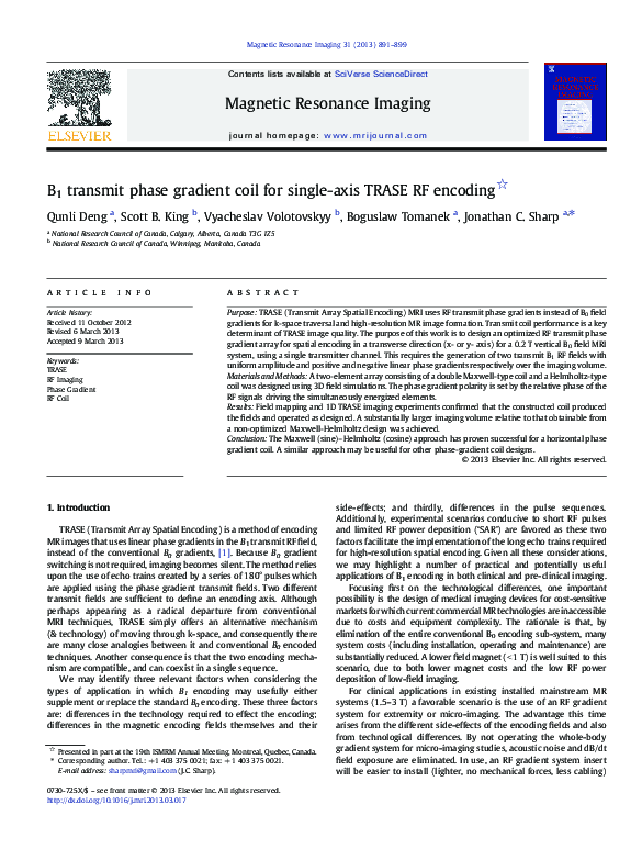 (PDF) B1 transmit phase gradient coil for single-axis TRASE RF encoding