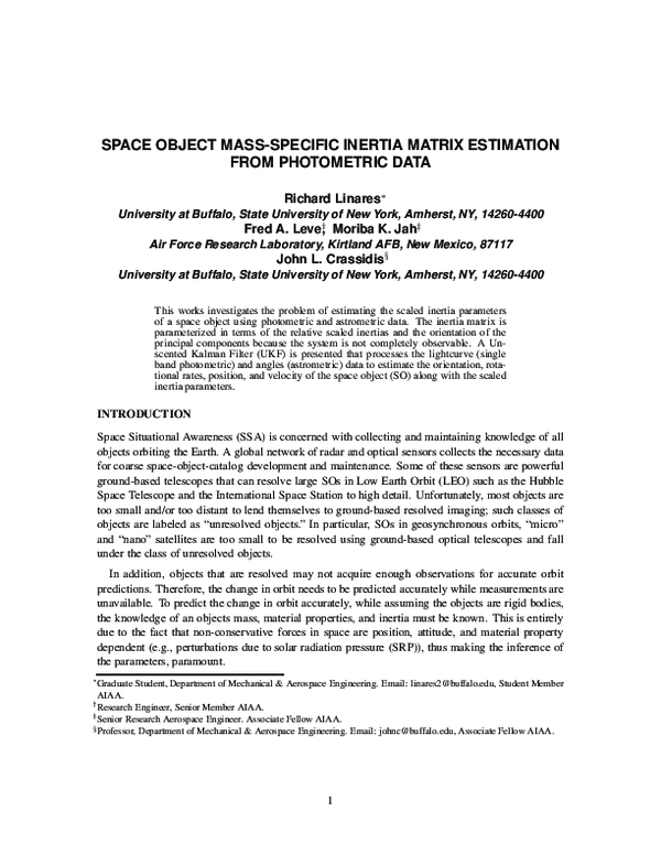 Pdf Space Object Mass Specific Inertia Matrix Estimation From