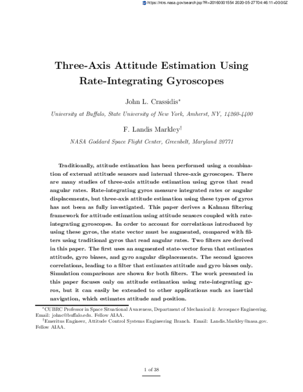 Pdf Three Axis Attitude Estimation Using Rate Integrating Gyroscopes