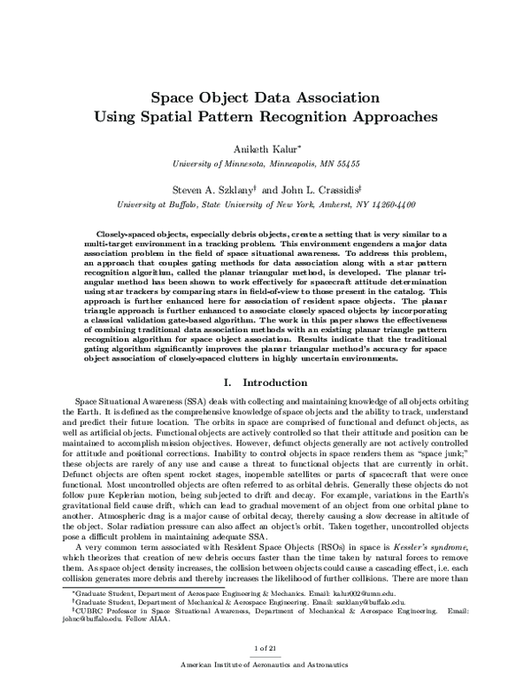 Pdf Space Object Data Association Using Spatial Pattern Recognition Approaches