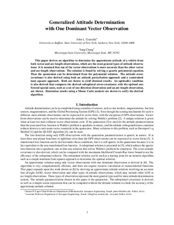 (PDF) Generalized Attitude Determination with One Dominant Vector Observation | John Crassidis ...