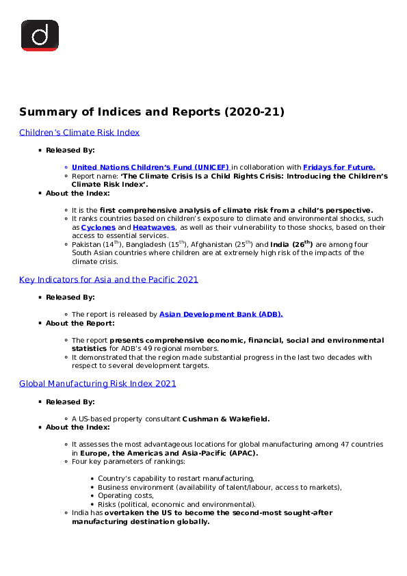 (PDF) Summary of Indices and Reports (2020-21