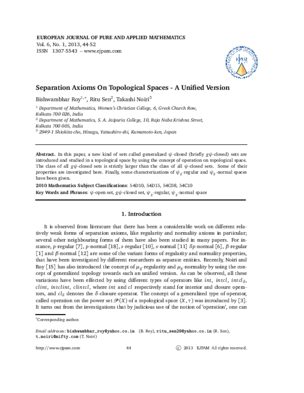 (PDF) Separation Axioms On Topological Spaces - A Unified Version