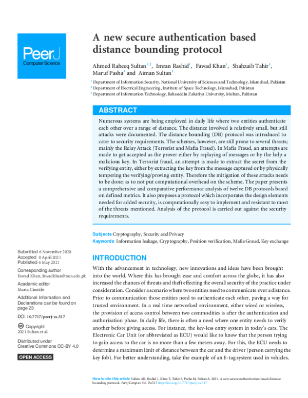 (PDF) A new secure authentication based distance bounding protocol
