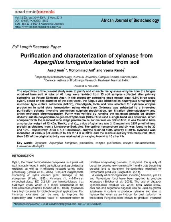 (PDF) Purification and characterization of xylanase from Aspergillus fumigatus isolated from soil