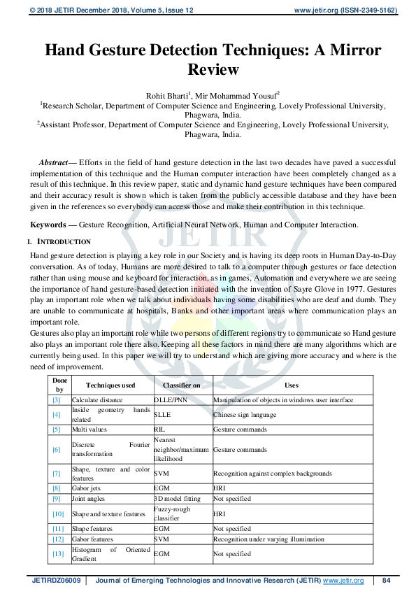 (PDF) Hand Gesture Detection Techniques: A Mirror Review