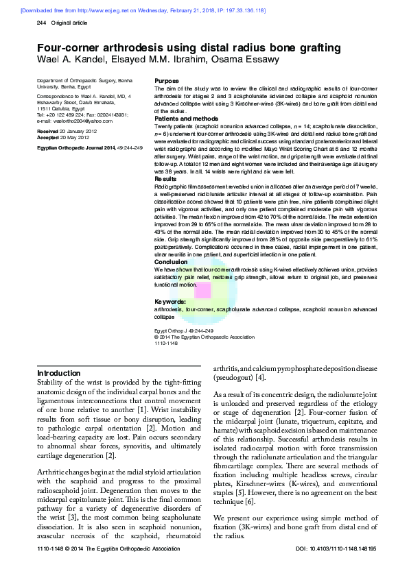 Pdf Four Corner Arthrodesis Using Distal Radius Bone Grafting