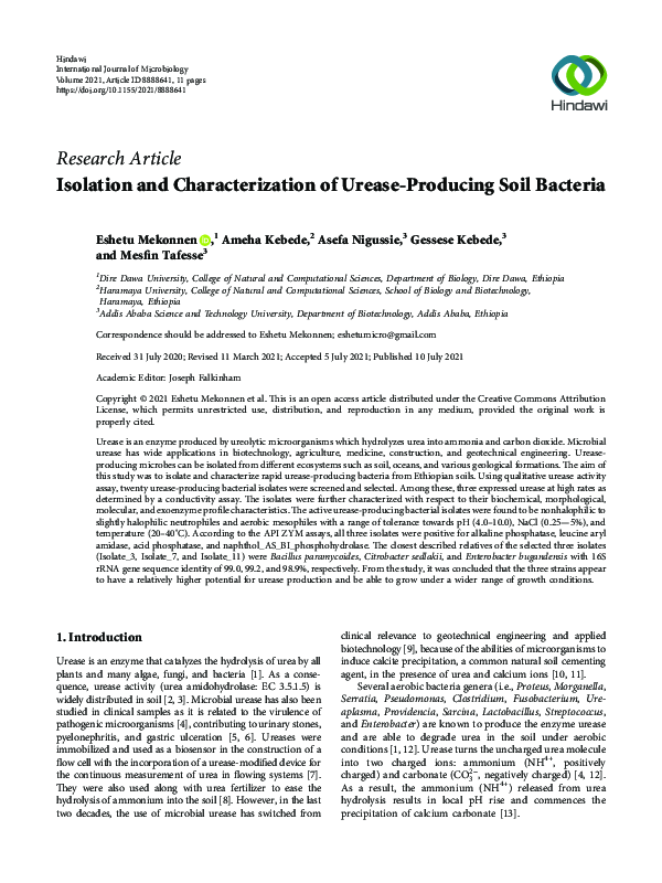 (PDF) Isolation and Characterization of Urease-Producing Soil Bacteria