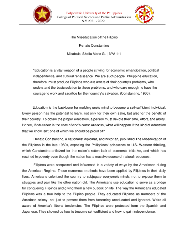 (PDF) A Critique Paper: The Miseducation of the Filipino