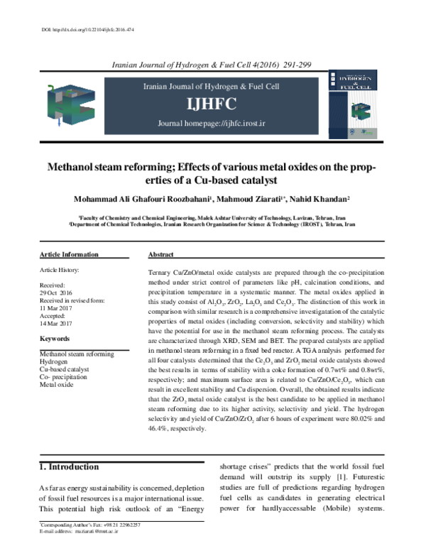 (PDF) Methanol steam reforming; Effects of various metal oxides on the ...