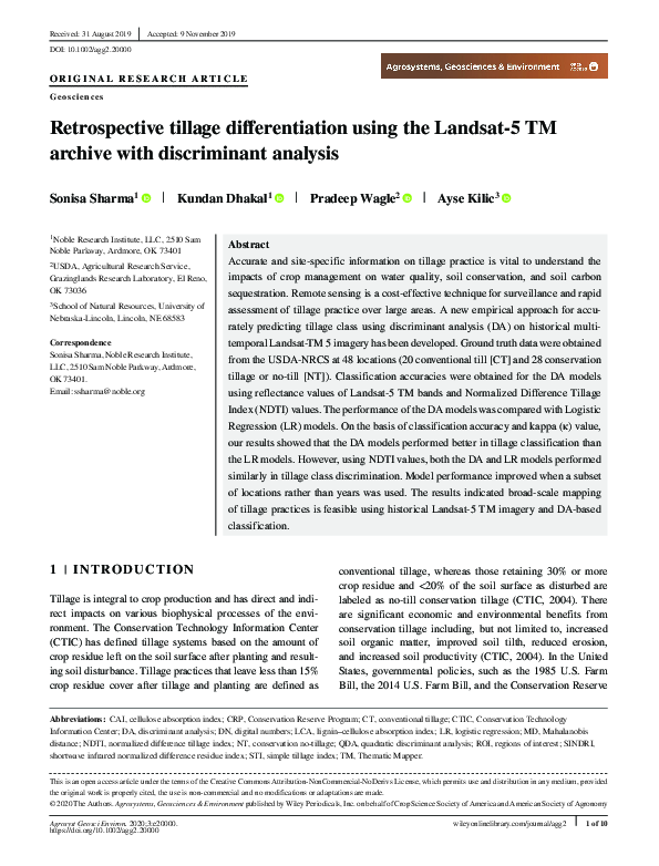 (PDF) Retrospective tillage differentiation using the Landsat‐5 TM archive with discriminant ...