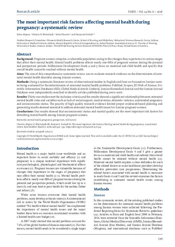 PDF The Most Important Risk Factors Affecting Mental Health During Pregnancy A Systematic pdf-the-most-important-risk-factors-affecting-mental-health-during-pregnancy-a-systematic