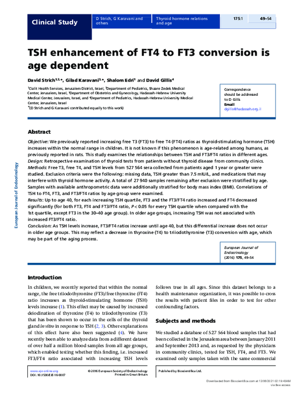 (PDF) TSH enhancement of FT4 to FT3 conversion is age dependent