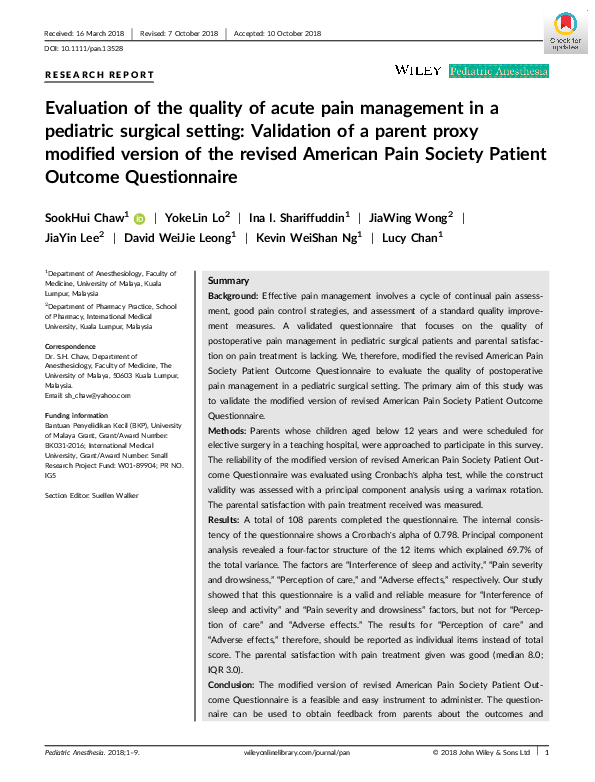 (PDF) Evaluation of the quality of acute pain management in a pediatric ...