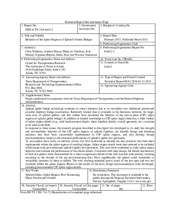 (PDF) Behavior of the Splice Regions of Spliced I-Girder Bridges