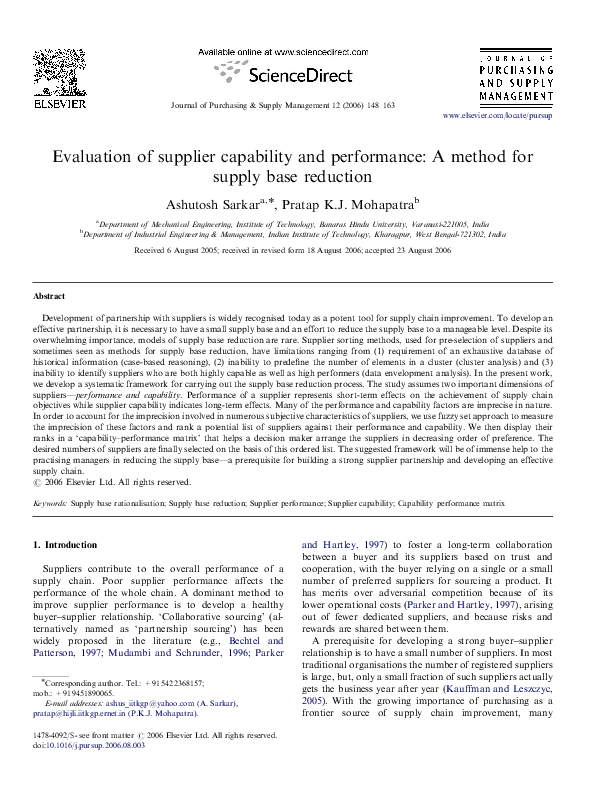 (PDF) Evaluation of supplier capability and performance: A method for ...
