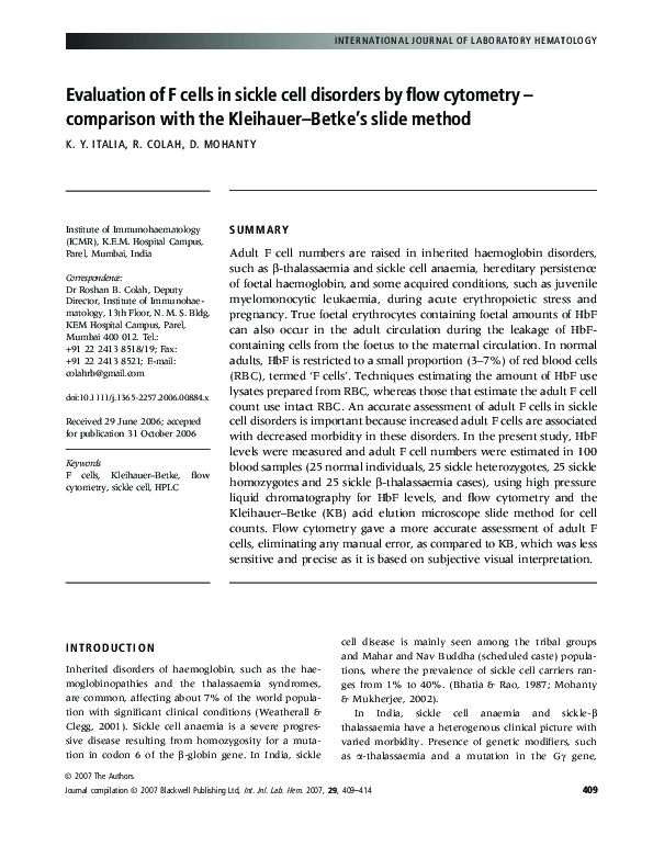 (PDF) Evaluation of F cells in sickle cell disorders by flow cytometry ...