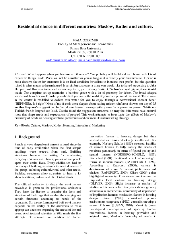 (PDF) Residential choice in different countries: Maslow, Kotler and culture