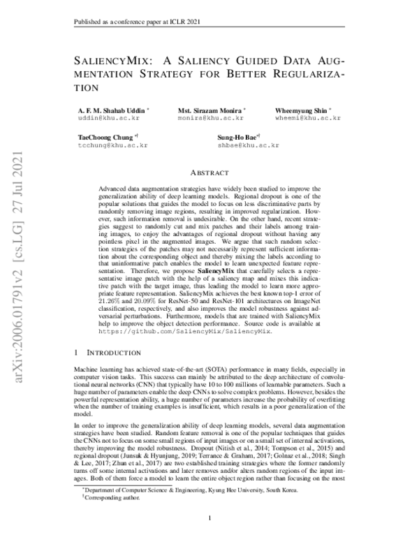 (PDF) SaliencyMix: A Saliency Guided Data Augmentation Strategy for Better Regularization