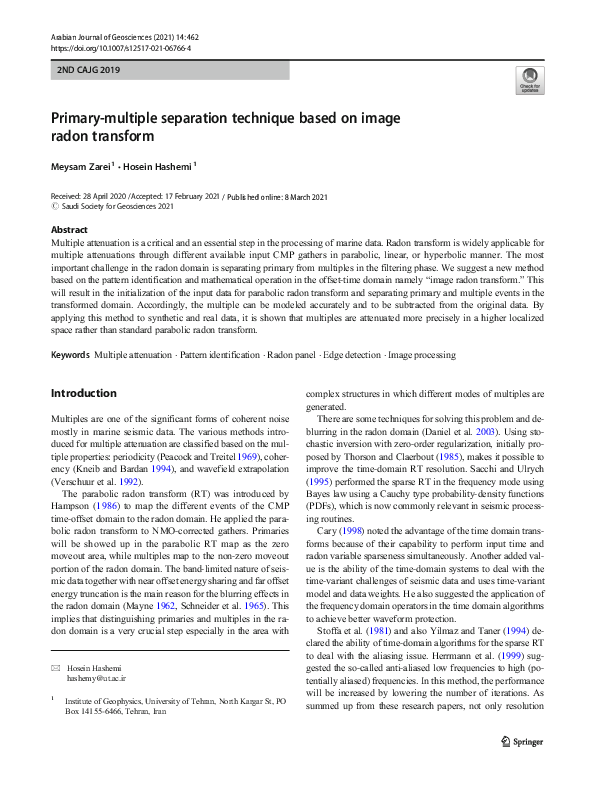 (PDF) Primary-multiple separation technique based on image radon transform