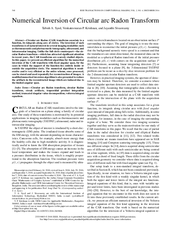 (PDF) Numerical inversion of circular arc Radon transform