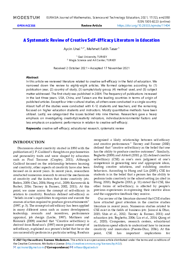 (PDF) A Systematic Review of Creative Self-Efficacy Literature in Education