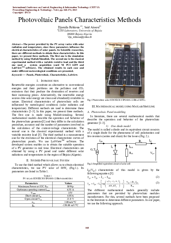 (PDF) Photovoltaic Panels Characteristics Methods