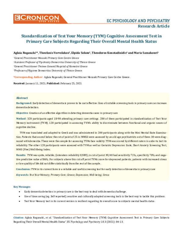 (PDF) Standardization of Test Your Memory (TYM) Cognitive Assessment ...