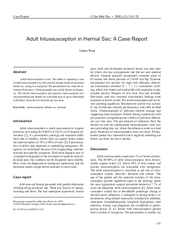 (PDF) Adult Intussusception in Hernial Sac: A Case Report