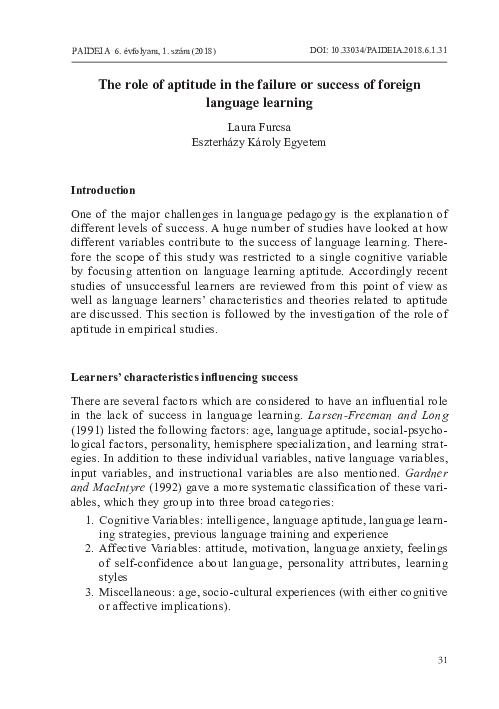 (PDF) The role of aptitude in the failure or success of foreign ...