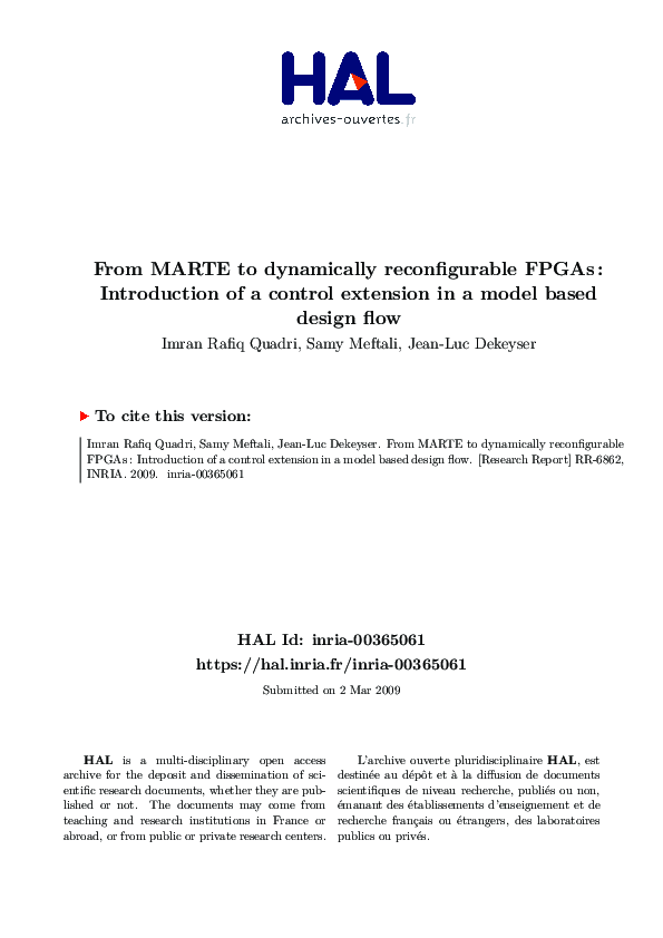 (PDF) From MARTE to dynamically reconfigurable FPGAs : Introduction of a control extension in a ...