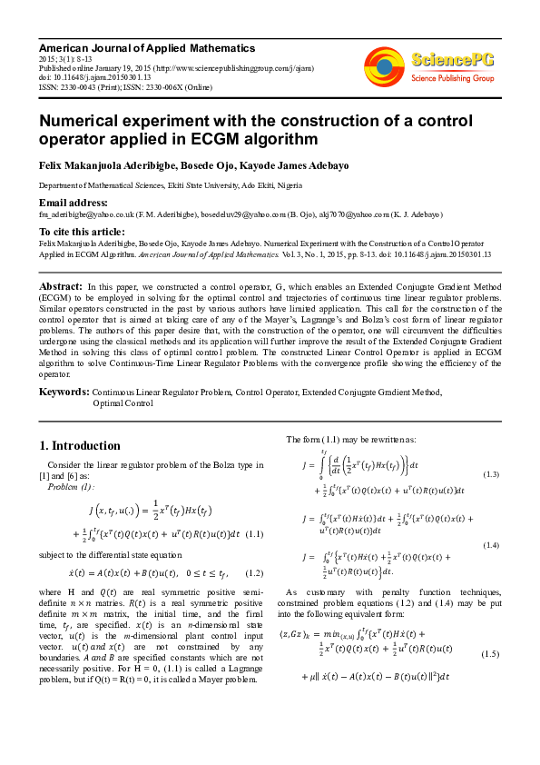Pdf Numerical Experiment With The Construction Of A Control Operator Applied In Ecgm Algorithm