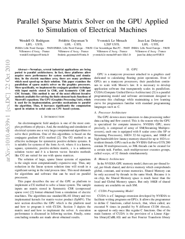 Pdf Parallel Sparse Matrix Solver On The Gpu Applied To Simulation Of Electrical Machines