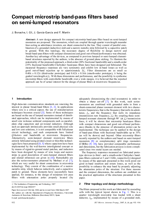 (PDF) Compact microstrip band-pass filters based on semi-lumped resonators
