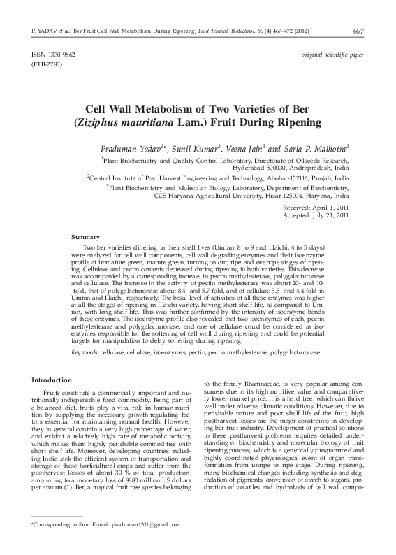 (PDF) Cell Wall Metabolism of Two Varieties of Ber (Ziziphus mauritiana ...