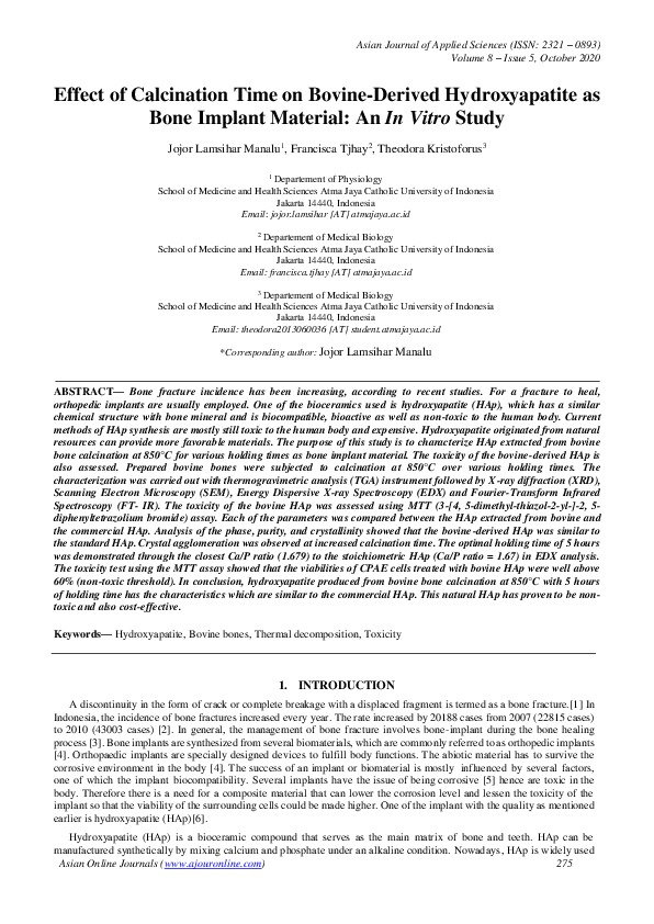 (PDF) Effect of Calcination Time on Bovine-Derived Hydroxyapatite as Bone Implant Material: An ...