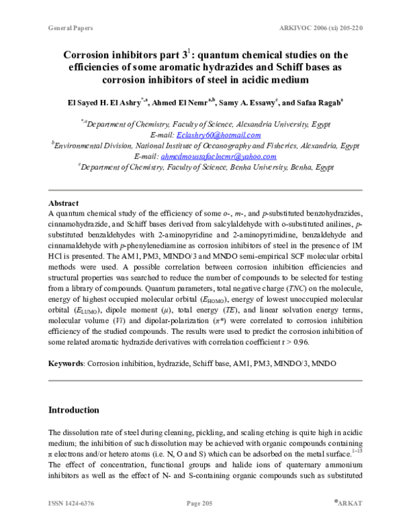(PDF) Corrosion inhibitors part 31 : quantum chemical studies on the efficiencies of some ...