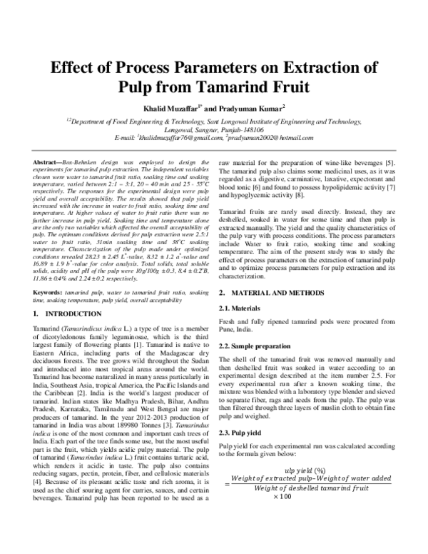 (PDF) Effect of Process Parameters on Extraction of Pulp from Tamarind ...