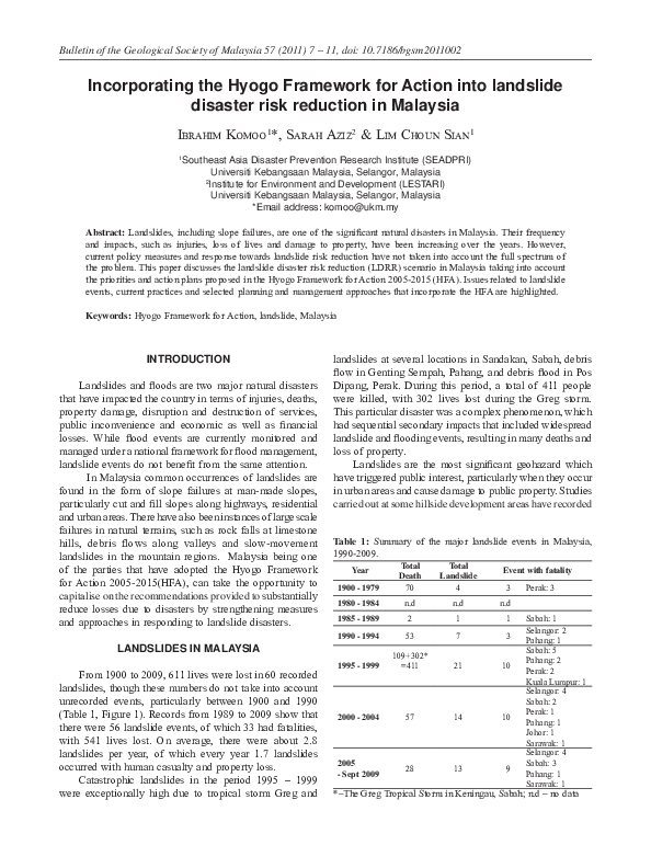 (PDF) Incorporating the hyogo framework for action into landslide ...