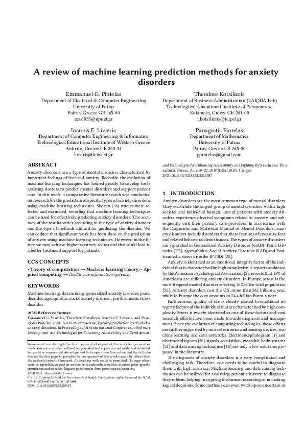 (PDF) A review of machine learning prediction methods for anxiety disorders