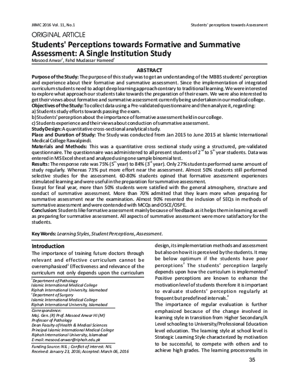 (PDF) Students' Perceptions towards Formative and Summative Assessment ...