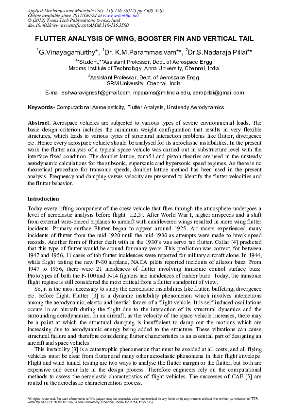 (PDF) Flutter Analysis of Wing and Vertical Tail of a Space vehicle