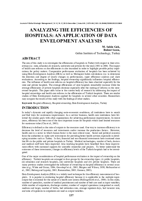 (PDF) Analyzing the Efficiencies of Hospitals: An Application of Data ...