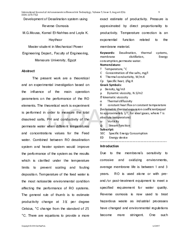 (PDF) Development of Desalination system using Reverse Osmosis