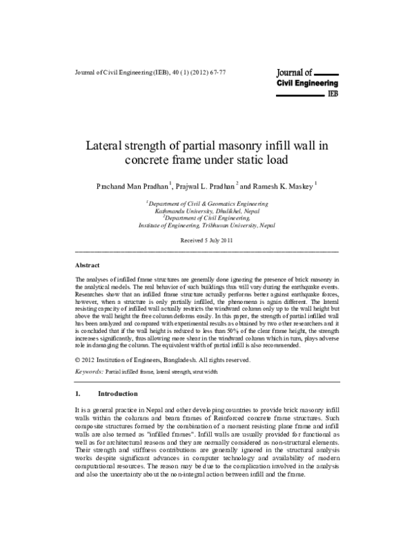 (PDF) Lateral strength of partial masonry infill wall in concrete frame ...