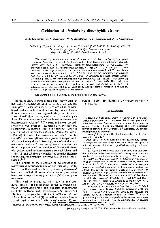 (PDF) Oxidation of alcohols by dimethyldioxirane